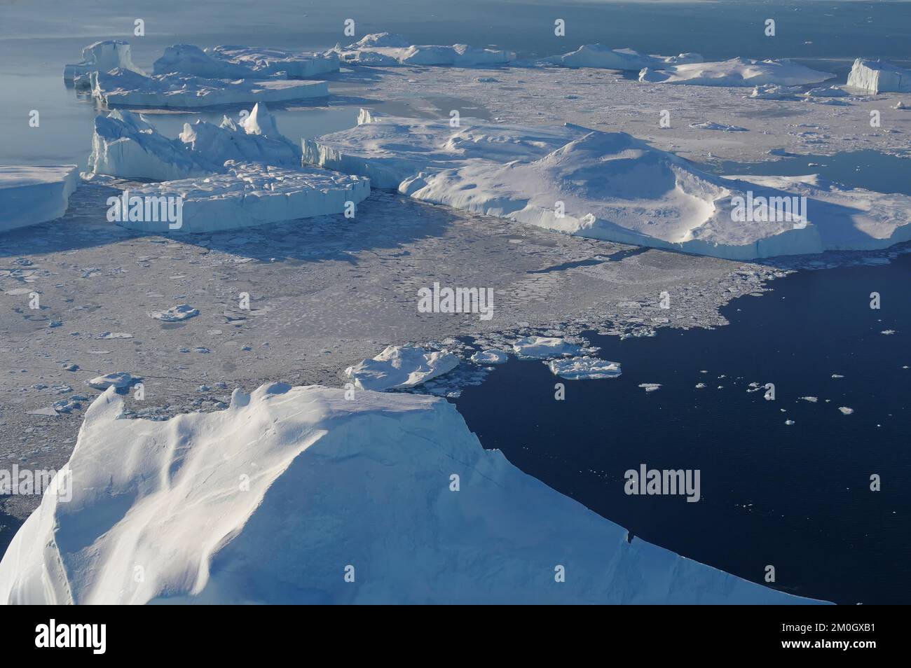 Giant icebergs from above, aerial view, winter, climate change, Disko ...