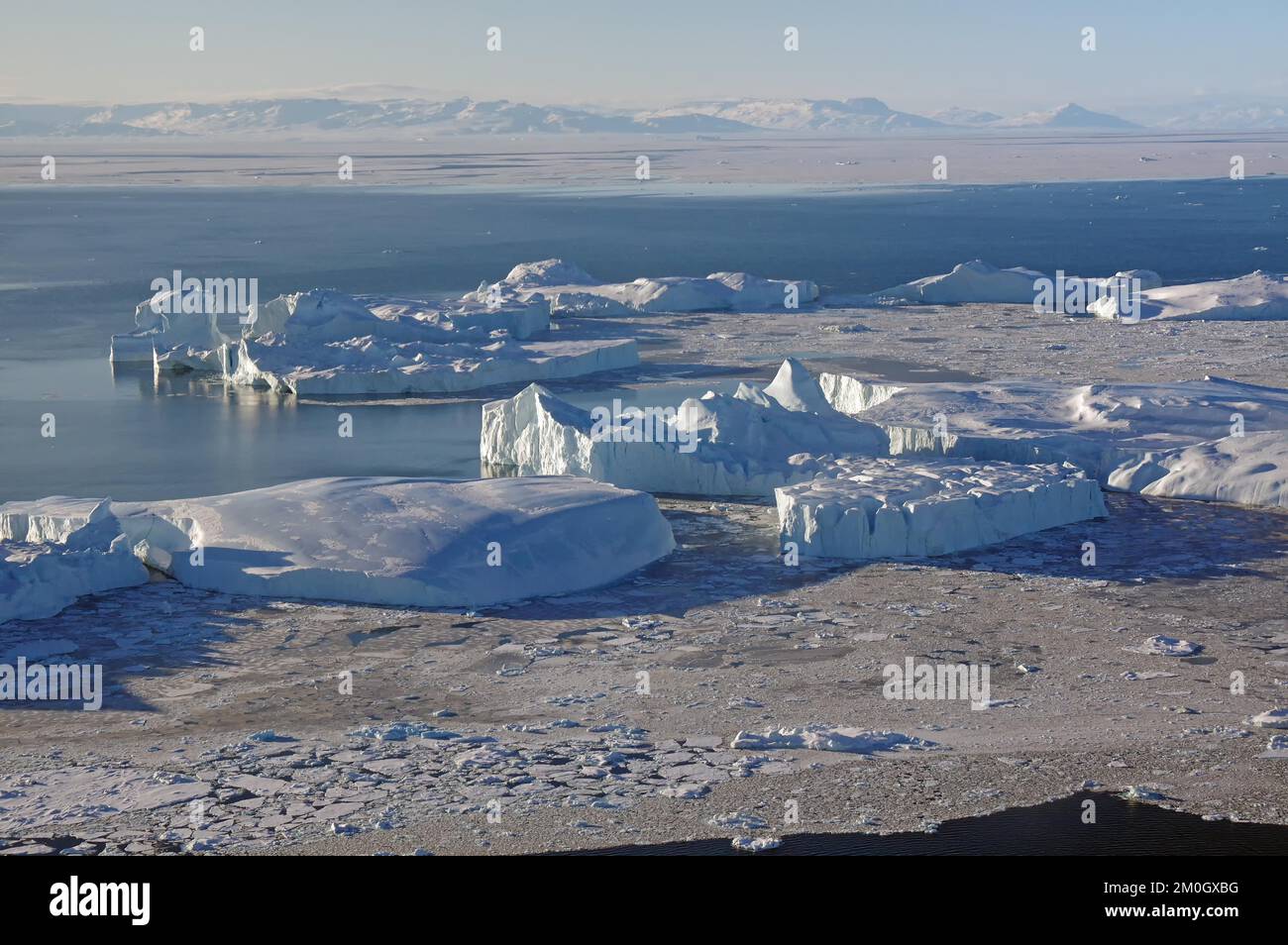 Giant icebergs from above, aerial view, winter, climate change, Disko ...
