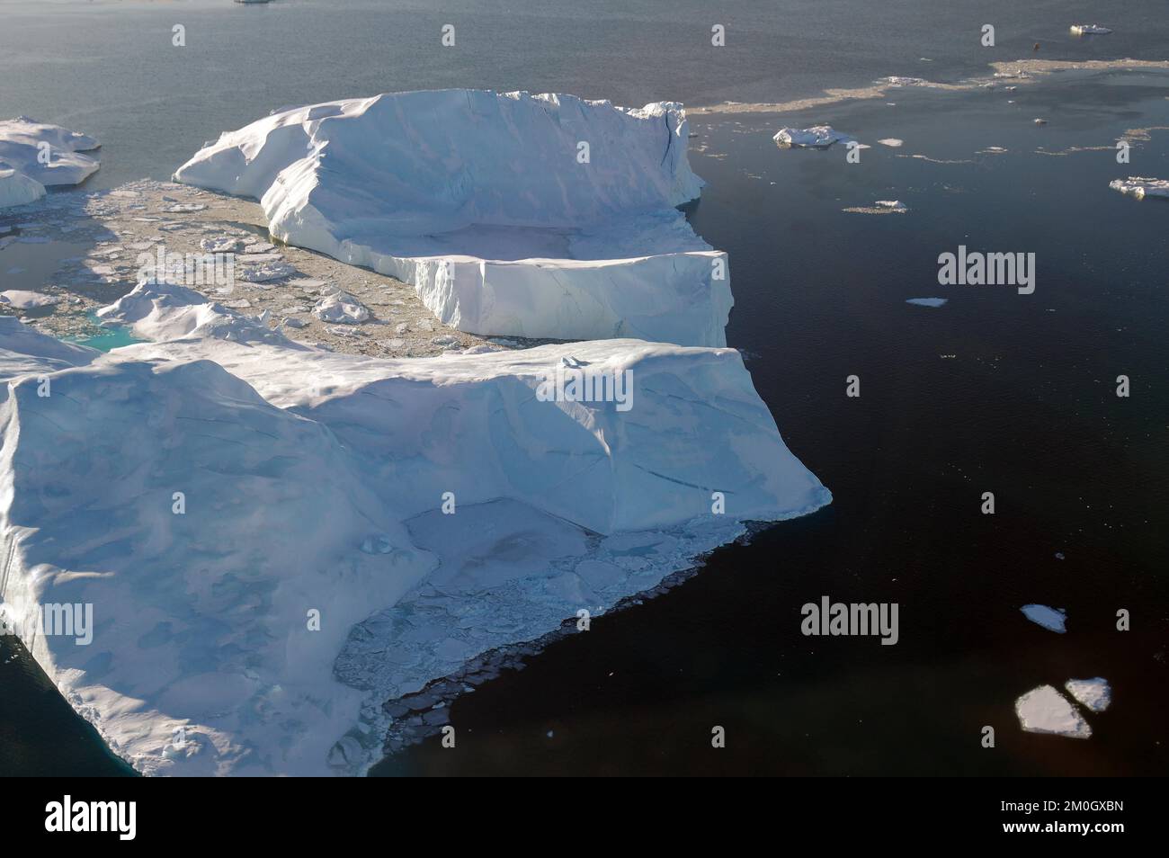 Giant icebergs from above, aerial view, winter, climate change, Disko ...