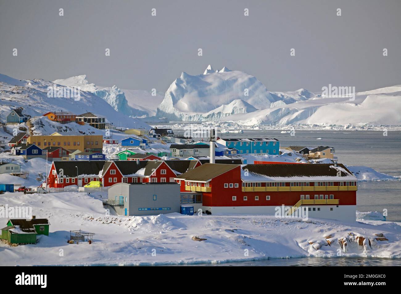 View of public buildings and homes in different colours, intense ...