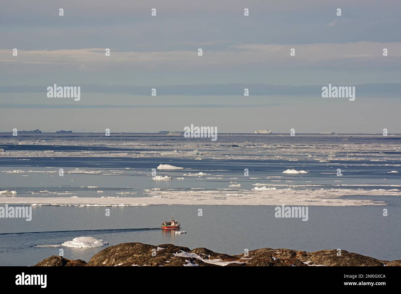 Boat in front of drift ice fields and icebergs, winter, fishing, Disko ...