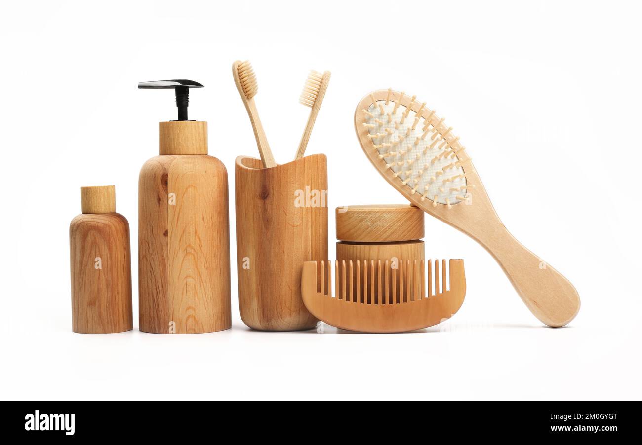 Close up beauty care and personal hygiene products in wooden containers ...