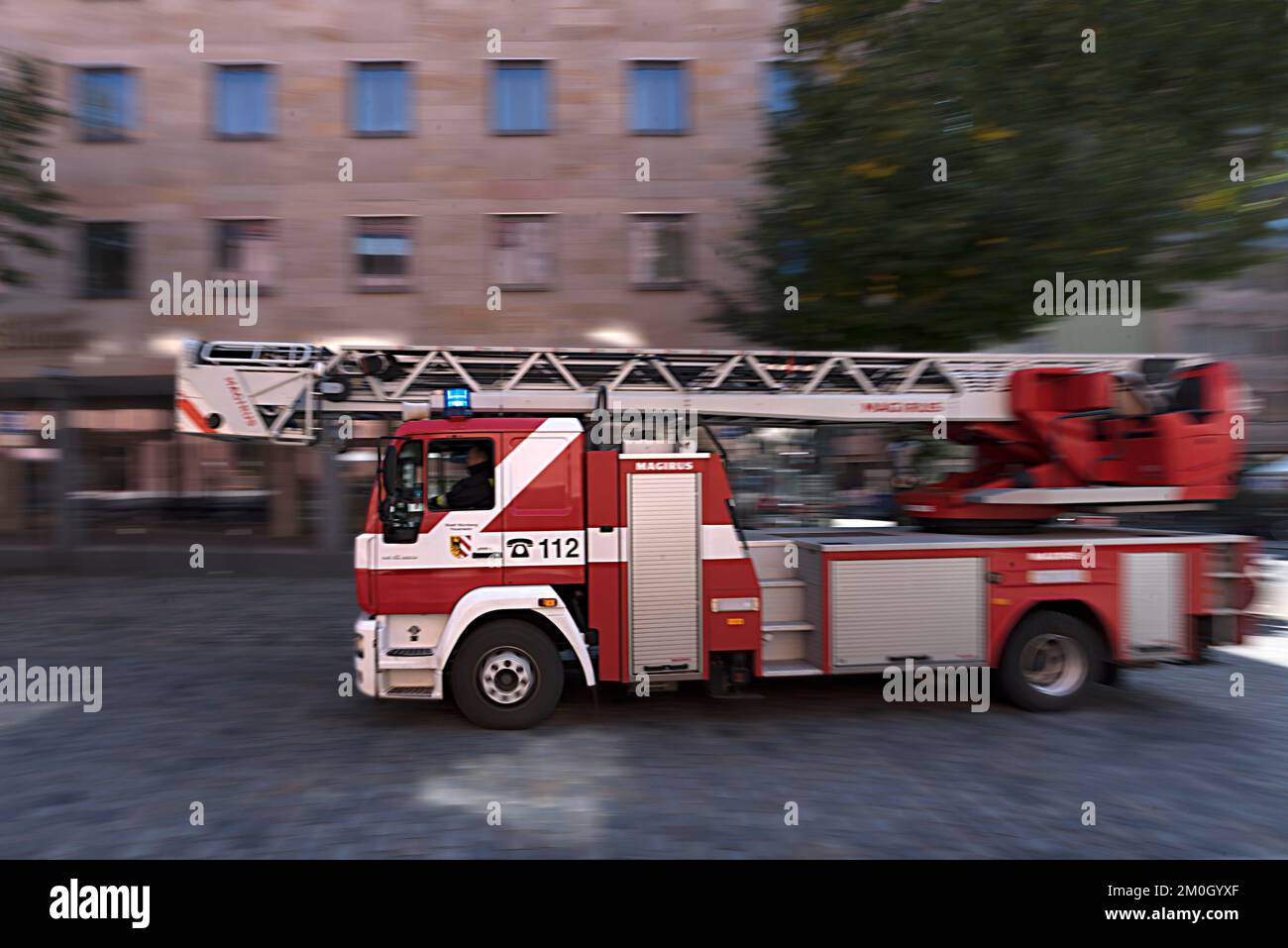 Fire brigade in action in the old town, Nuremberg, Middle Franconia ...