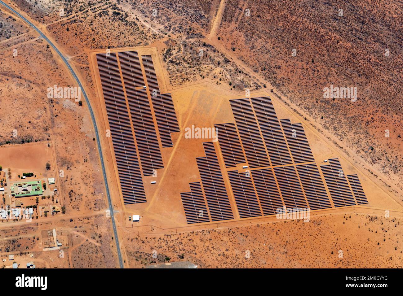 Solar power plant Namibia, Ejuva solar park, aerial view, desert, Gobabis, Omaheke Region ...