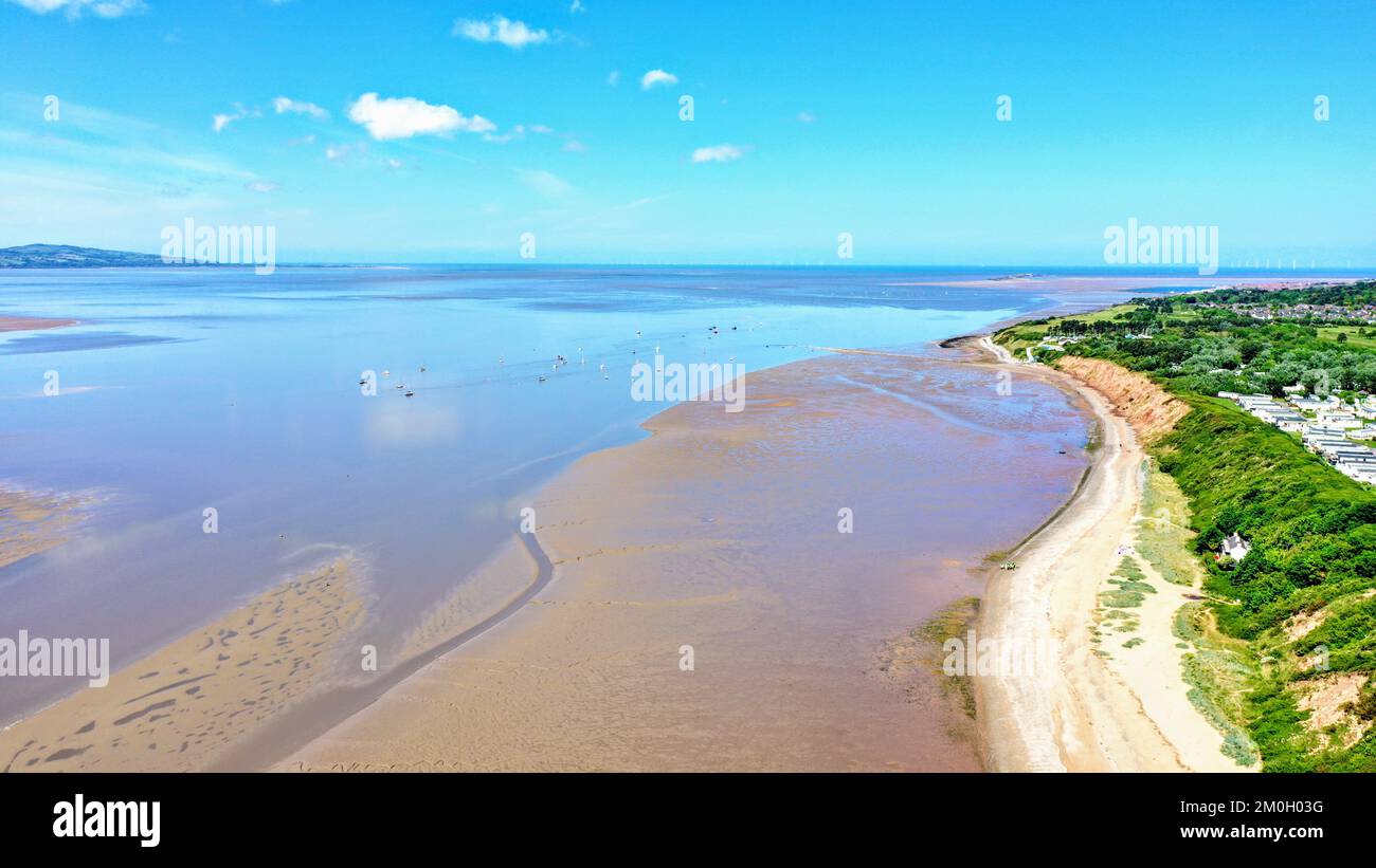 An aerial view of the Thurstaston beach and the River Dee on a sunny ...