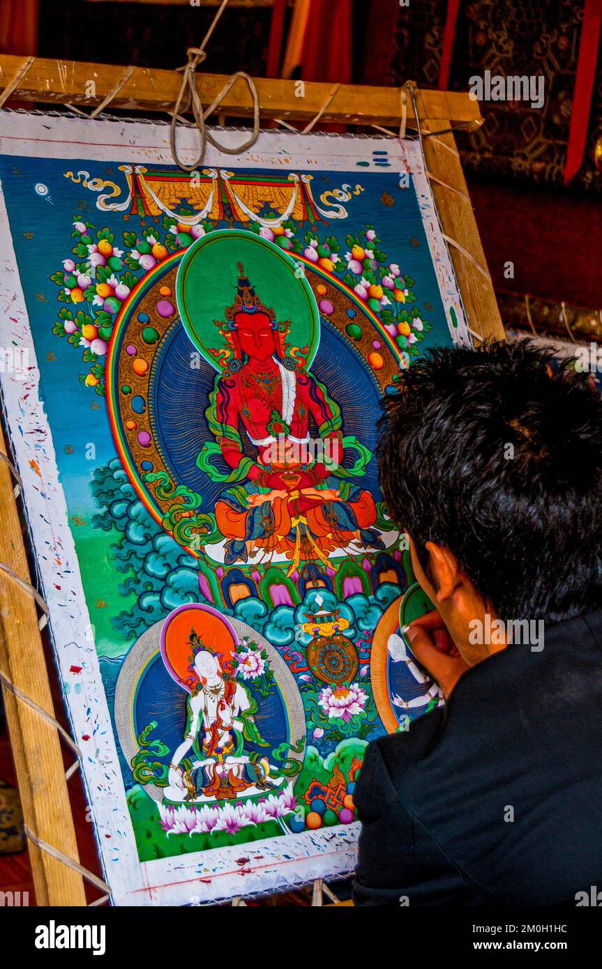 Painter drawing a Thanka, a religious painting, Lhasa, Tibet, Asia ...