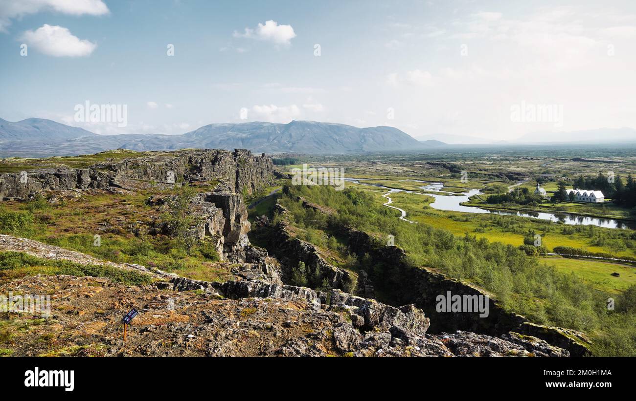 A scenic view of the geological formations of Iceland rift valley on a ...