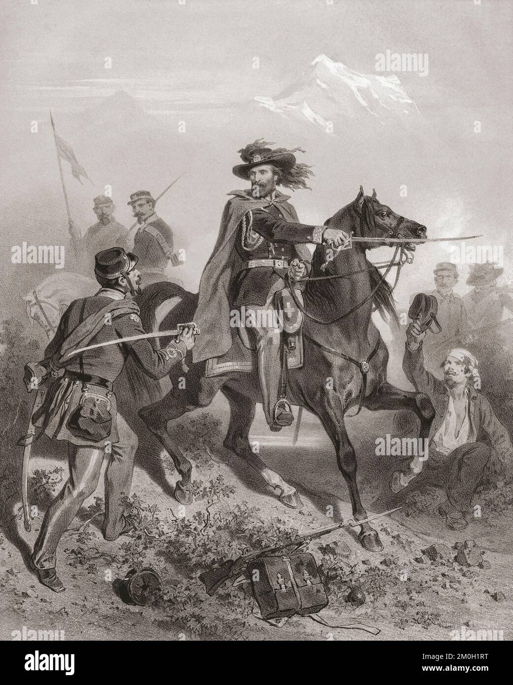Giuseppe Garibaldi, 1807 - 1882, leads his men at the Battle of Varese ...