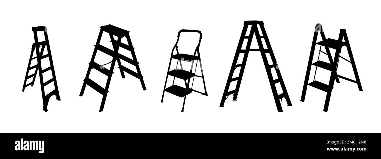 Silhouettes of ladders.Set of stepladder icon.Aluminum or wooden ...