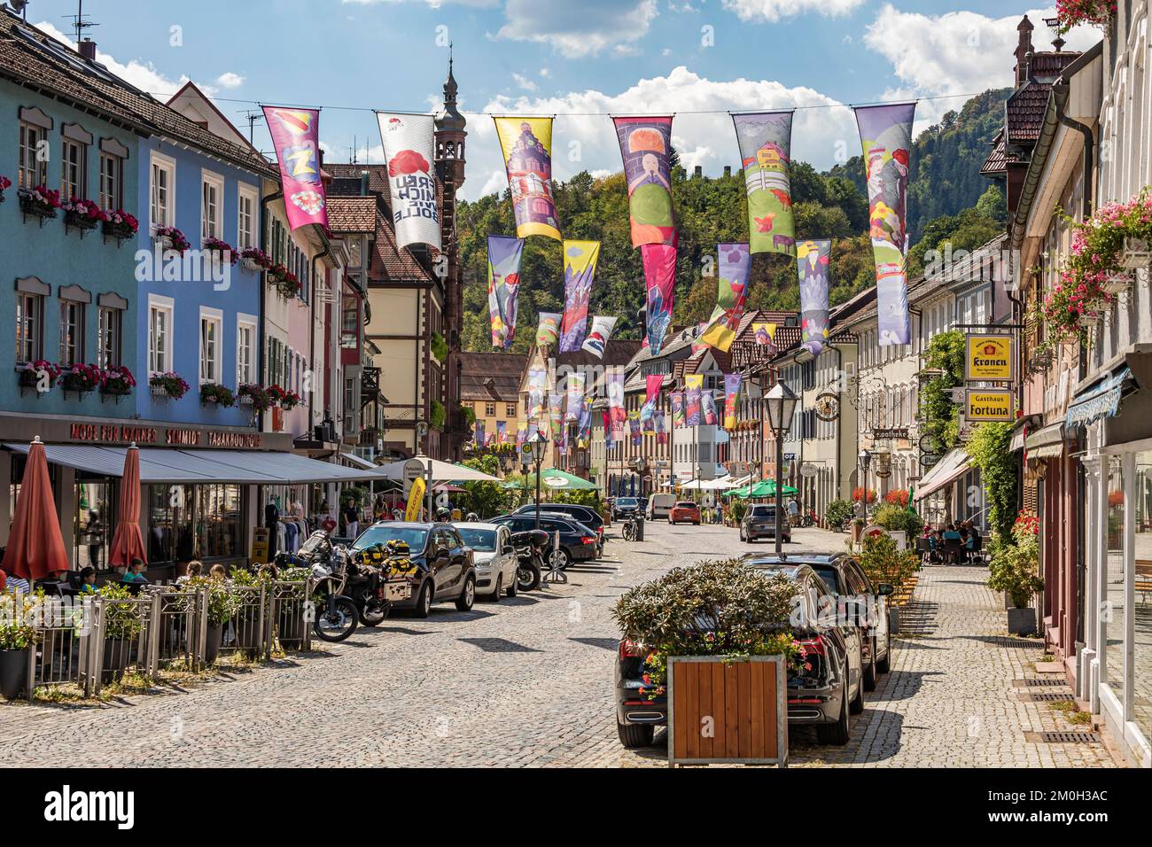 Restaurants and shops in the historic town centre, Wolfach, Black ...