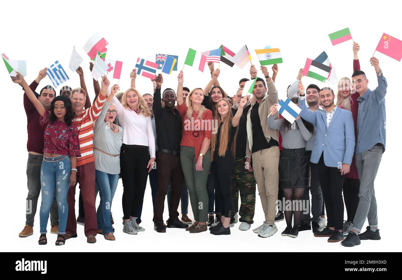 group of diverse people with international flags Stock Photo - Alamy