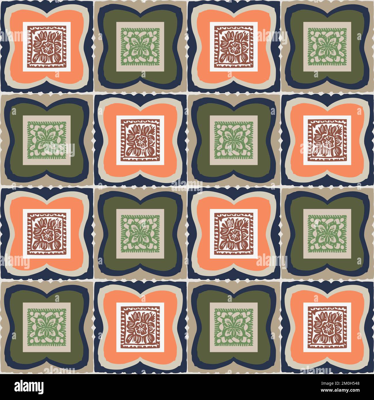 Hand drawn retro block print seamless pattern. Vector 80s vintage ...