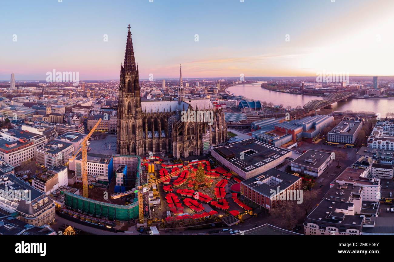 Cologne Germany Christmas market, aerial drone view over Cologne rhine ...