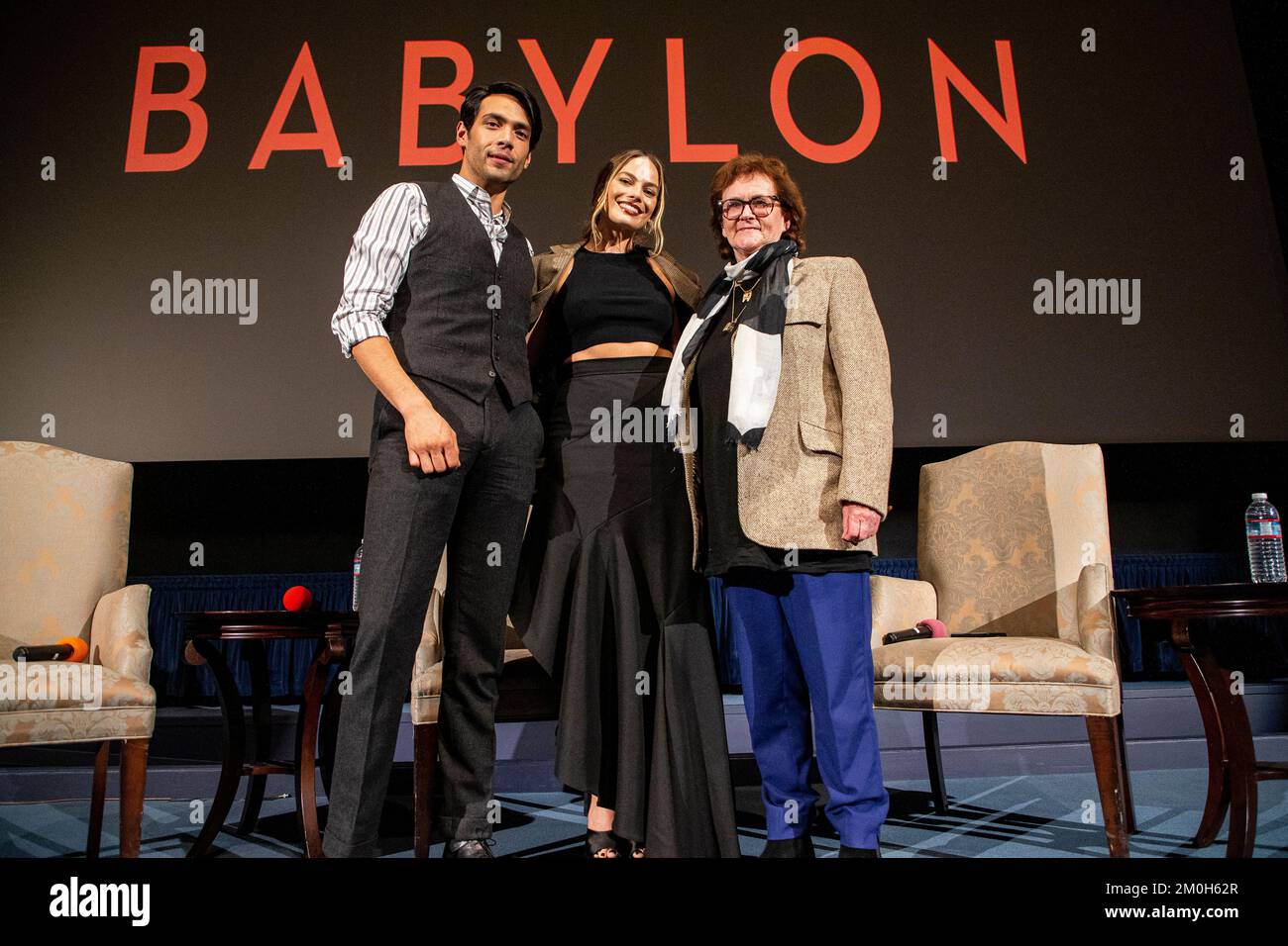 Diego Calva, Margot Robbie and Zoe Elton pose onstage at the San Rafael ...