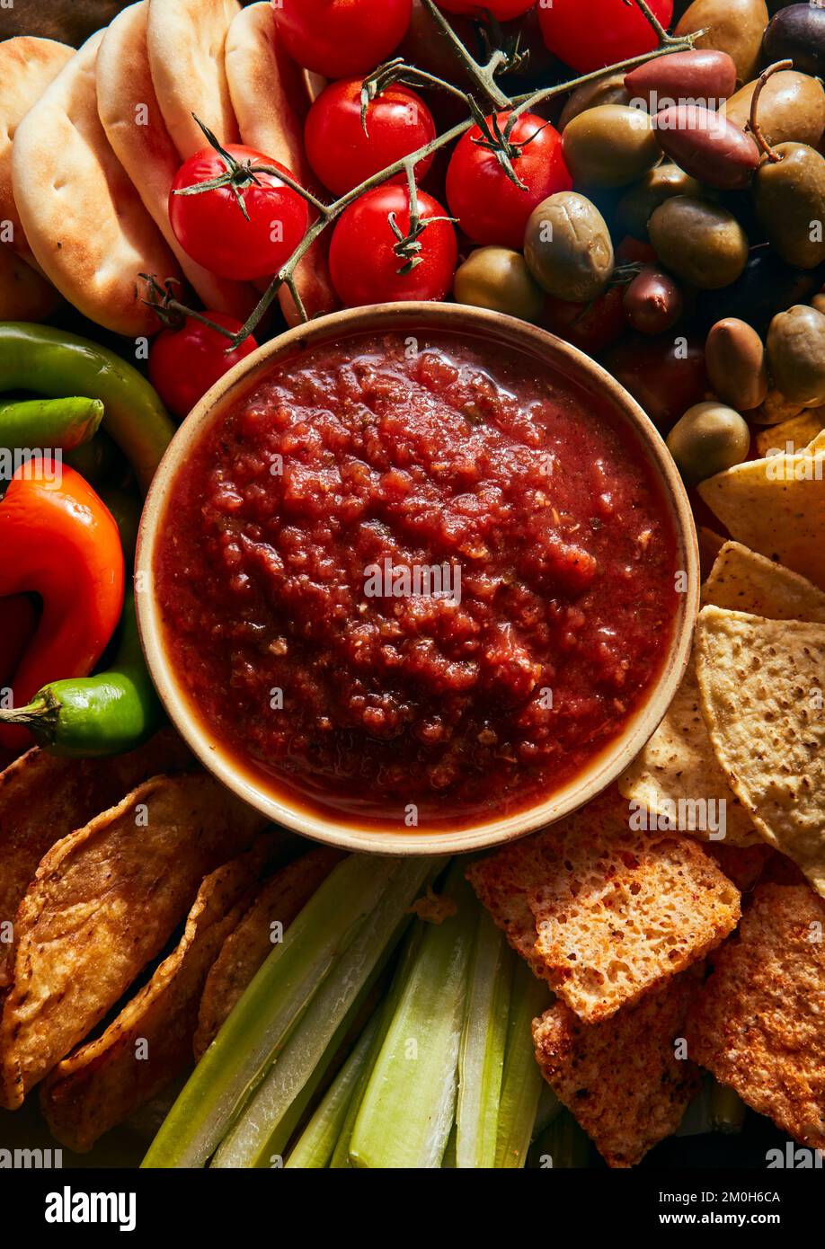 Salsa Dip Bowl and Food Platter Detail Stock Photo - Alamy