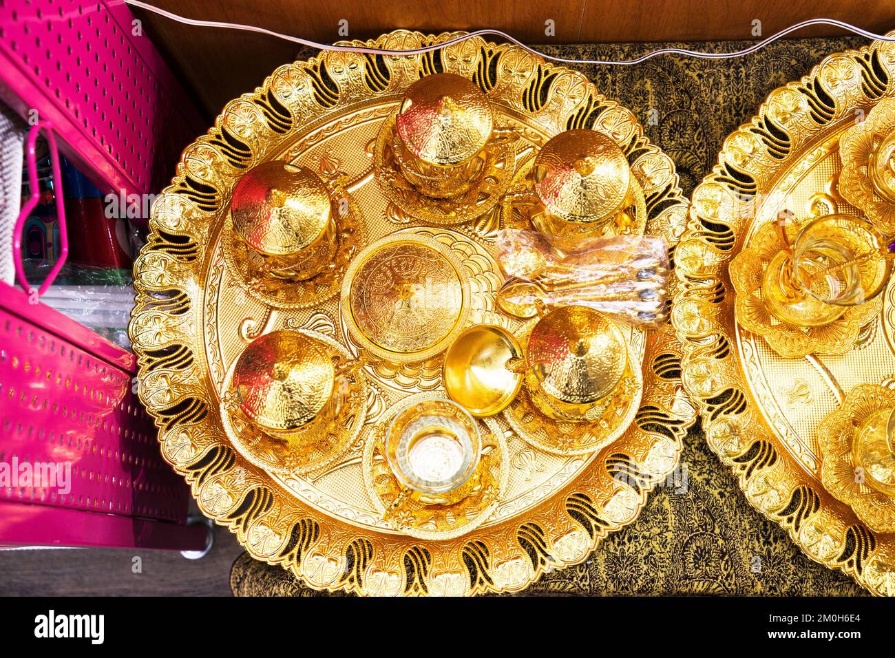 Oriental, Turkish, Arabic gilded tea set, glasses on a tray on a shop ...