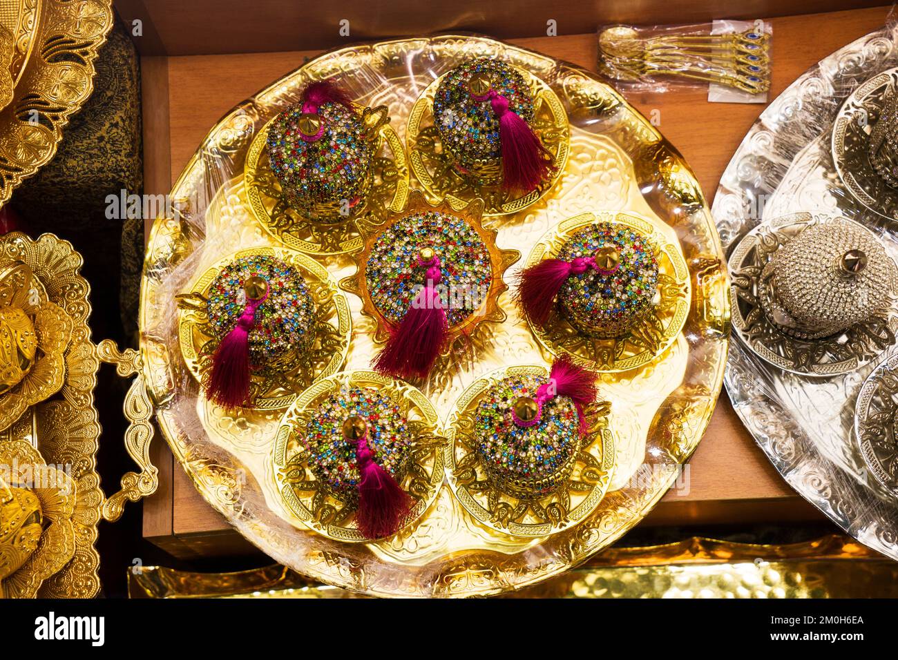 Oriental, Turkish, Arabic gilded tea set, glasses on a tray on a shop ...