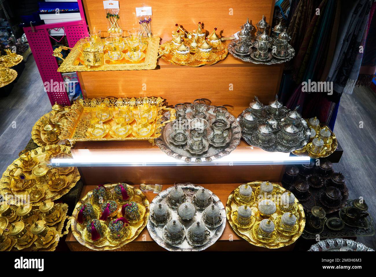 Oriental, Turkish, Arabic gilded tea set, glasses on a tray on a shop ...