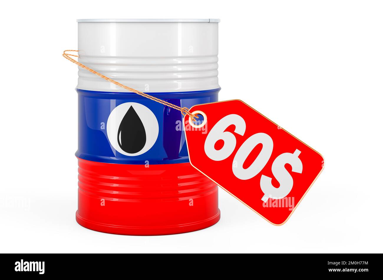 Russian oil barrel with 60 dollar price tag, 3D rendering isolated on ...