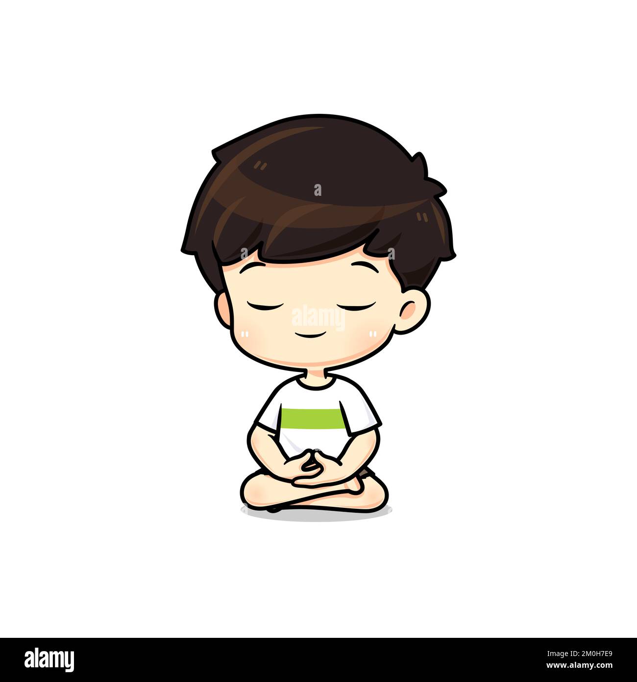 Cute boy mascot cartoon character in meditating pose, isolated vecter ...
