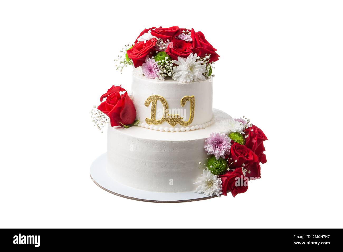 Two-tiered wedding cake on a white background. Decorated with flowers ...