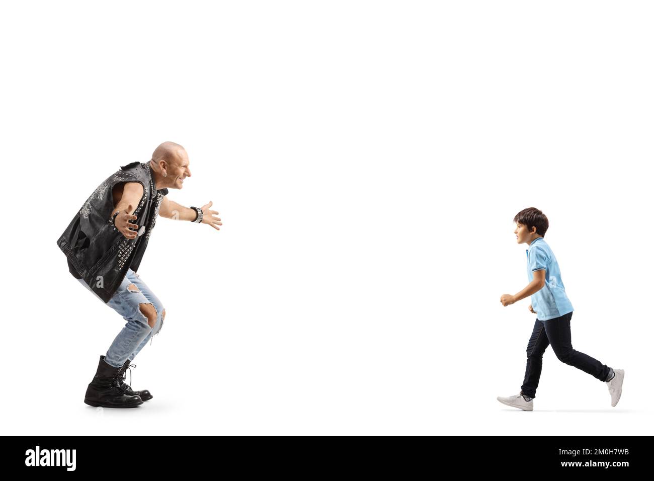 Full length profile shot of a child running to hug a punk isolated on ...