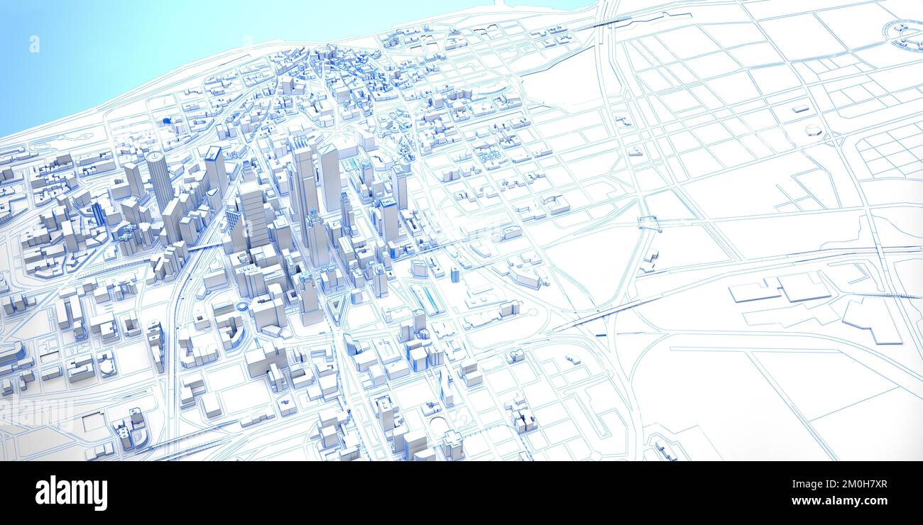 white low poly modern downtown and suburb above view. 3d rendering ...
