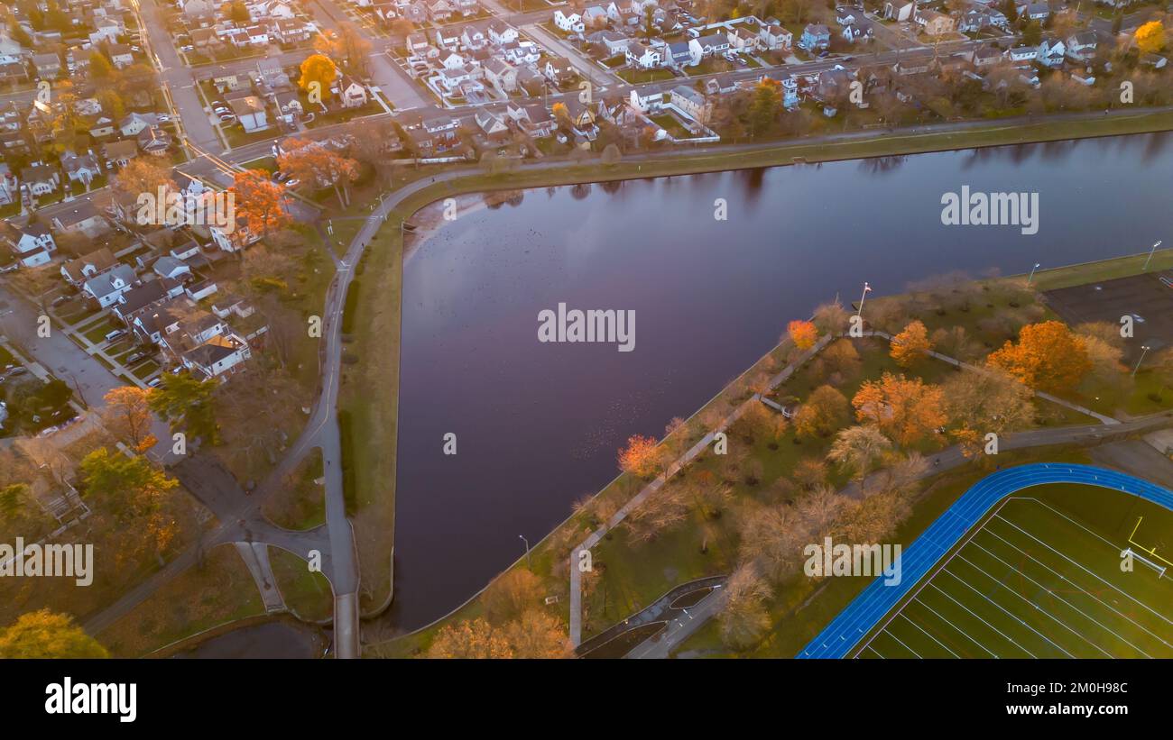An aerial view of Long Island - a suburban neighborhood during a ...