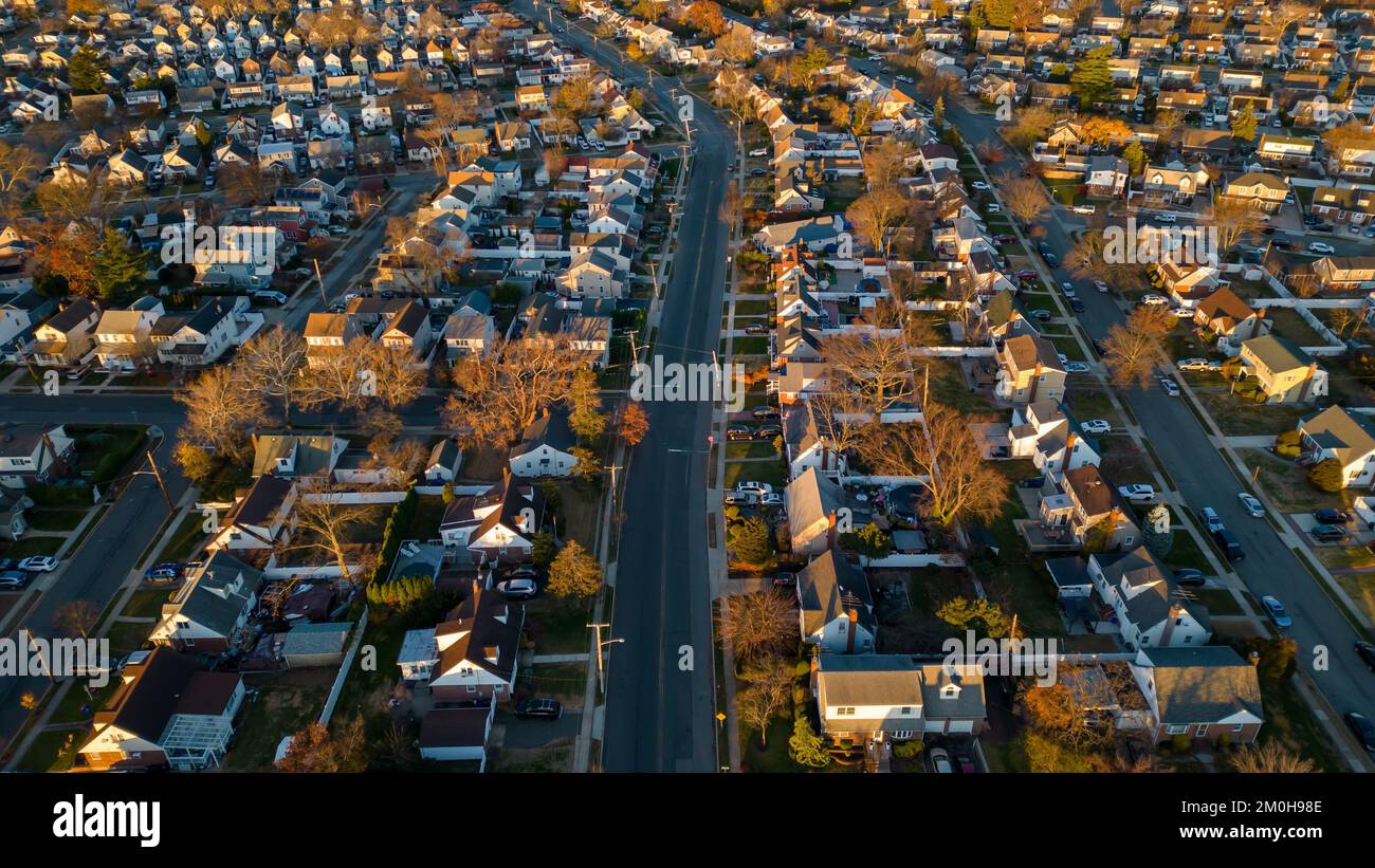 An aerial view of Long Island - a suburban neighborhood during a ...