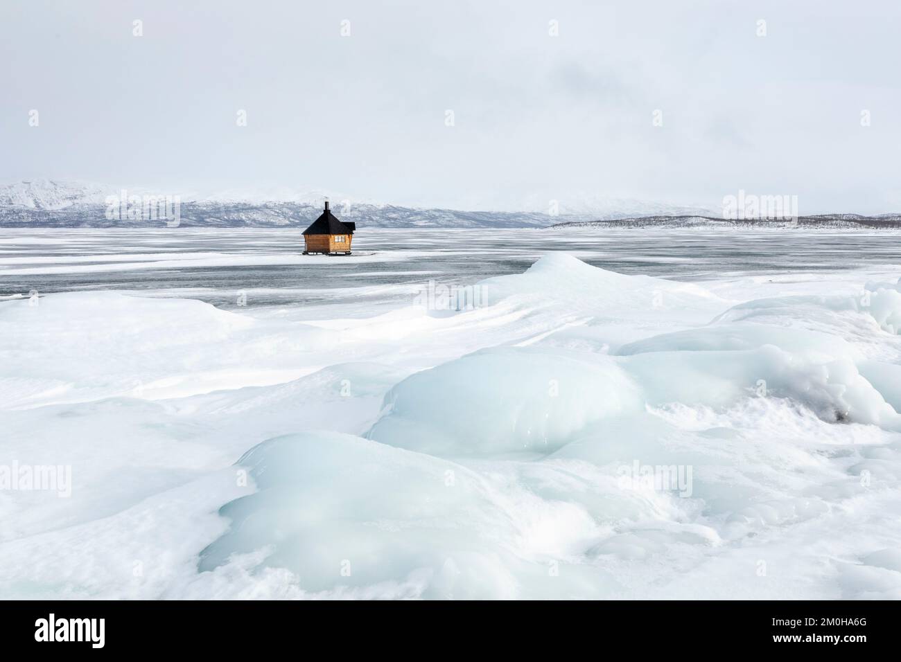 Sweden, Norbotten County, traditional Sami wooden kota for fishing on ...