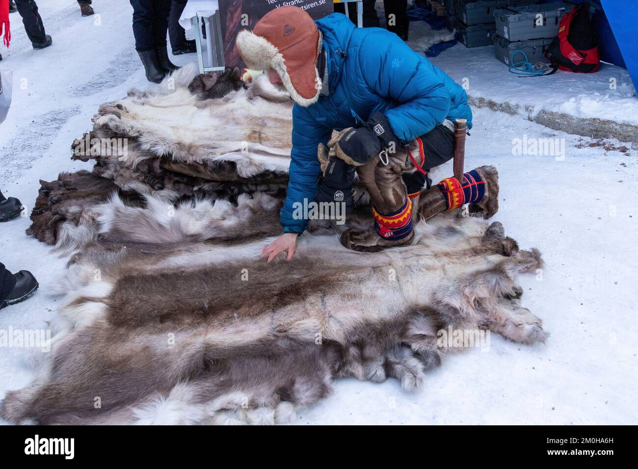 Sweden, Norbotten County, Jokkmokk, reindeer hide merchant in ...