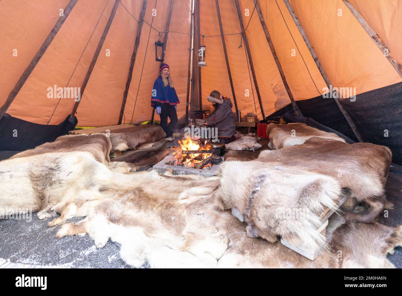 Sweden, Norbotten County, Jokkmokk, traditional Sami meal prepared in a ...