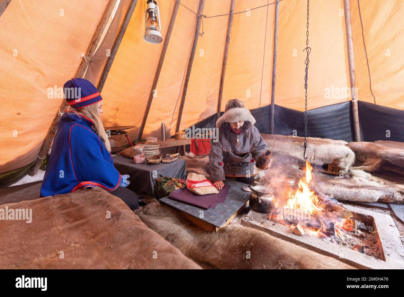 Sweden, Norbotten County, Jokkmokk, traditional Sami meal prepared in a ...