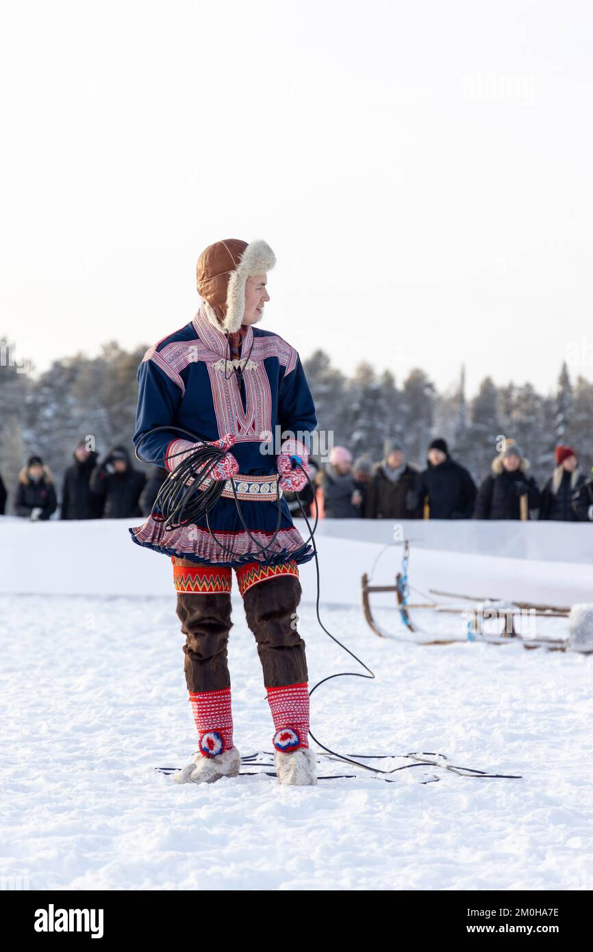 Sweden, Norbotten County, Jokkmokk, reindeer herder in traditional Sami ...