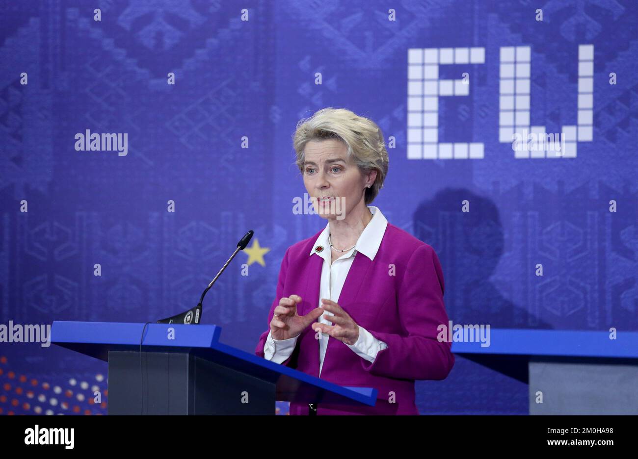 President of the European Commission Ursula von der Leyen speaks to the ...