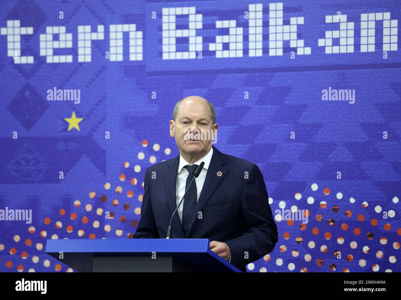 Chancellor of Germany Olaf Scholz speaks to the media after the EU ...