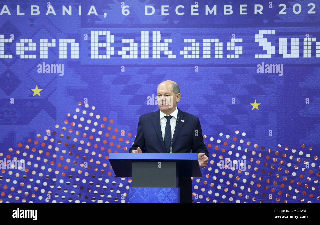 Chancellor of Germany Olaf Scholz speaks to the media after the EU ...