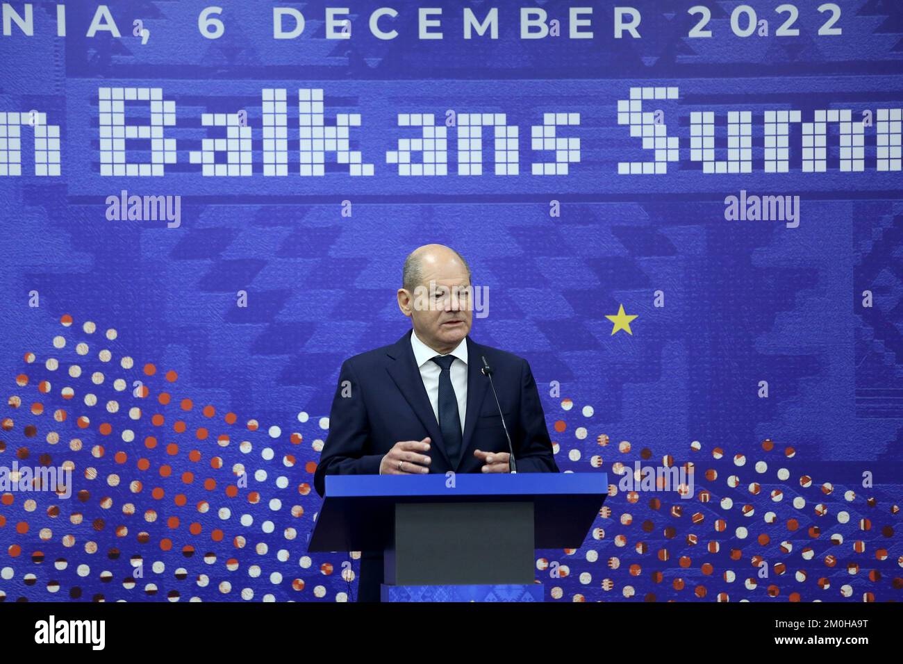 Chancellor of Germany Olaf Scholz speaks to the media after the EU ...