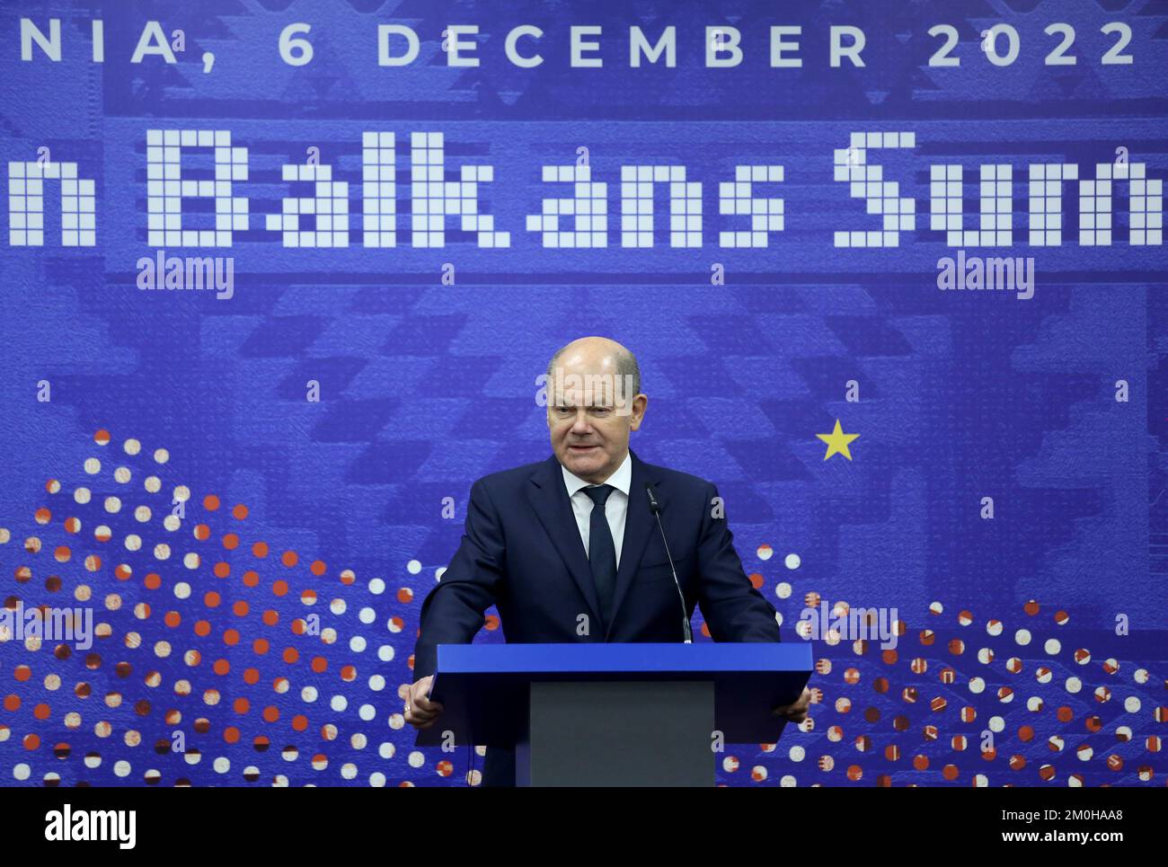 Chancellor of Germany Olaf Scholz speaks to the media after the EU ...