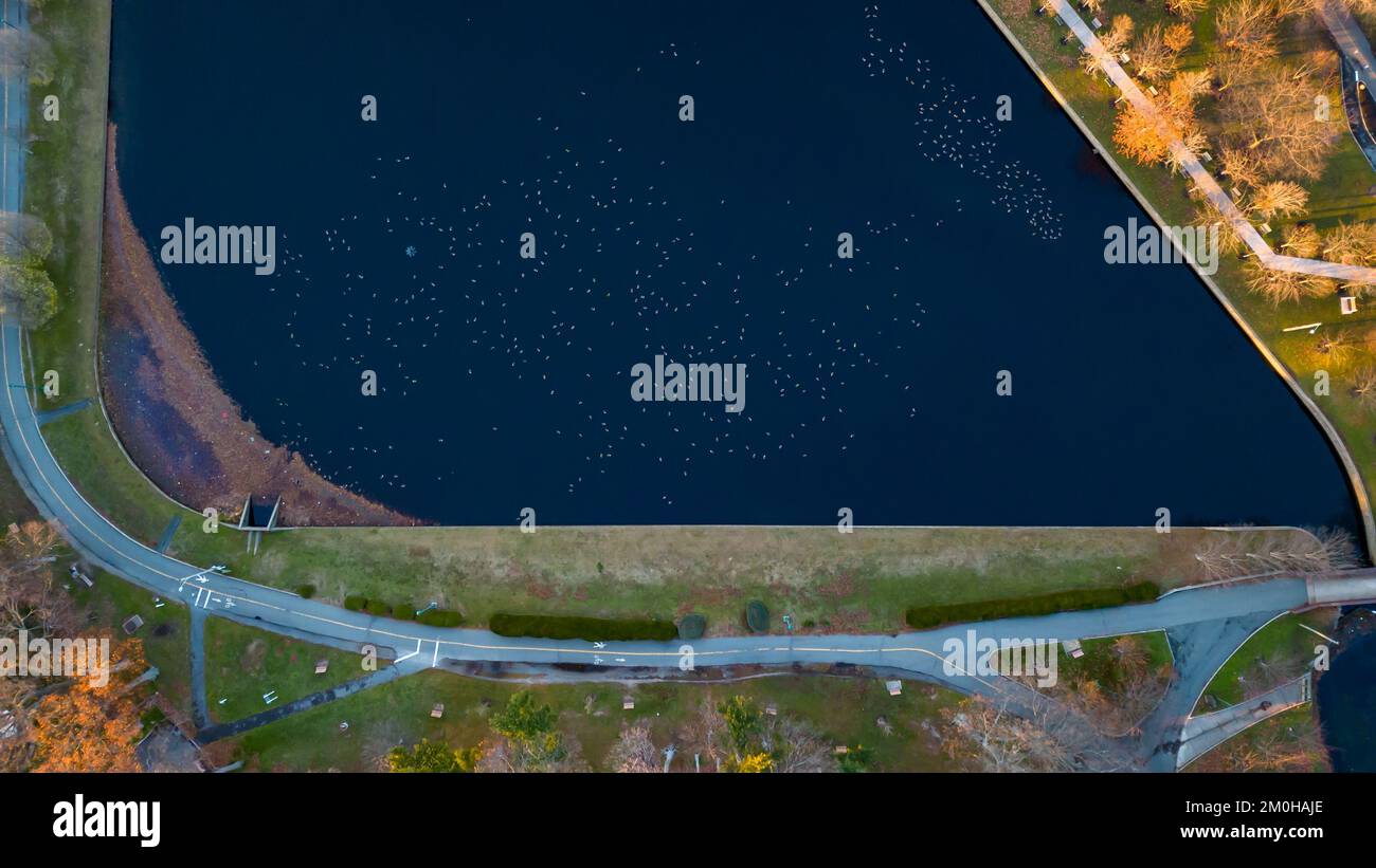 An aerial view of water and coasts in Long Island - a park during a ...