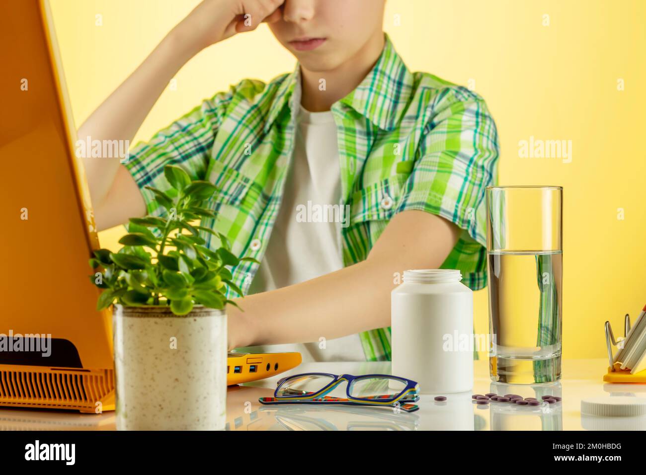 Tired boy feel pain eyestrain, rubbing dry irritated eyes fatigued from ...