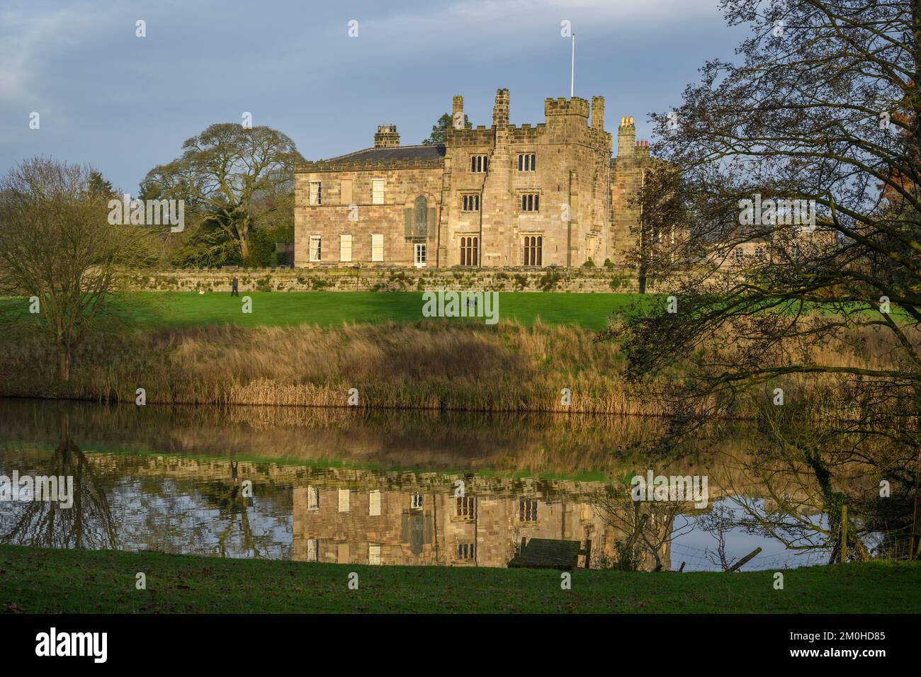 Historic sunlit Grade 1 Ripley Castle exterior (old corner tower ...