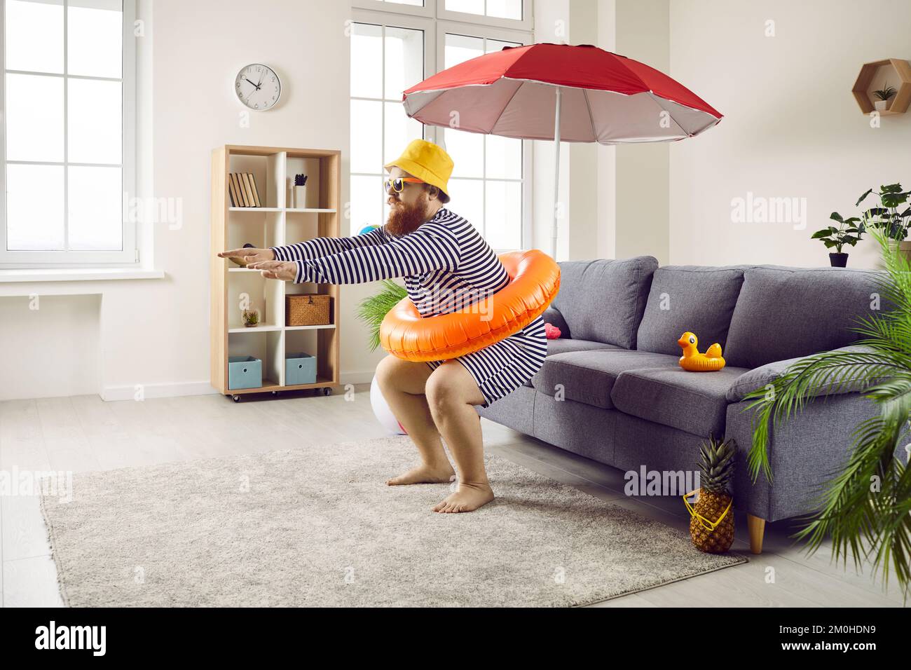 Funny Fat Man Stays At Home During Summer Holidays But Pretends To Dive