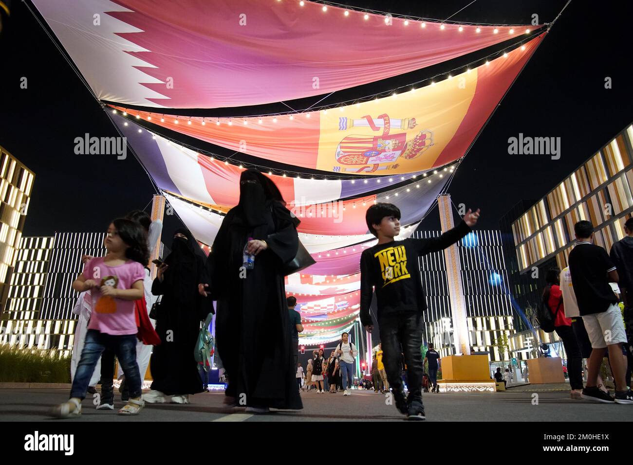 A general view of illuminated flags of competing World Cup nations ...