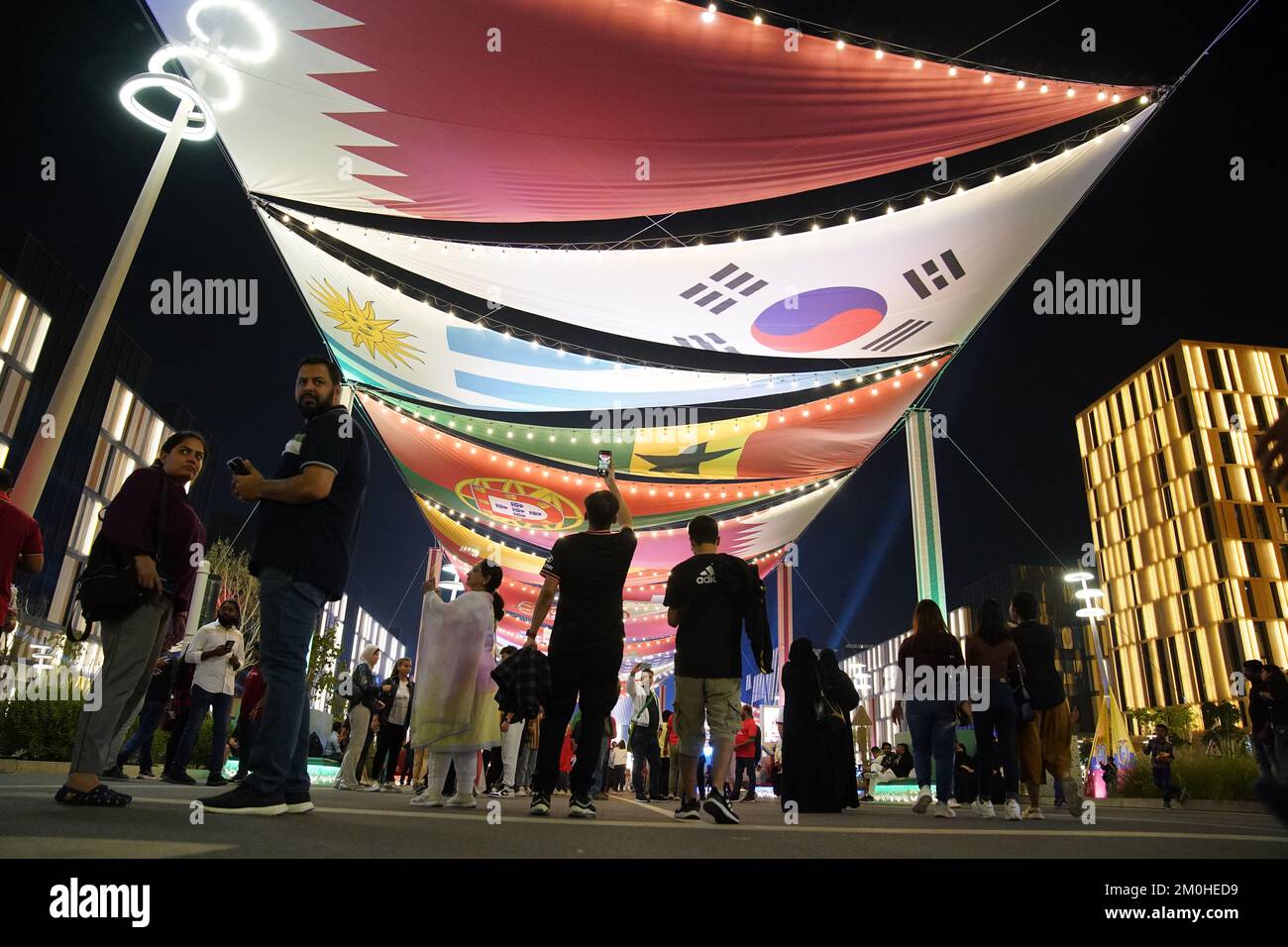 A general view of illuminated flags of competing World Cup nations ...