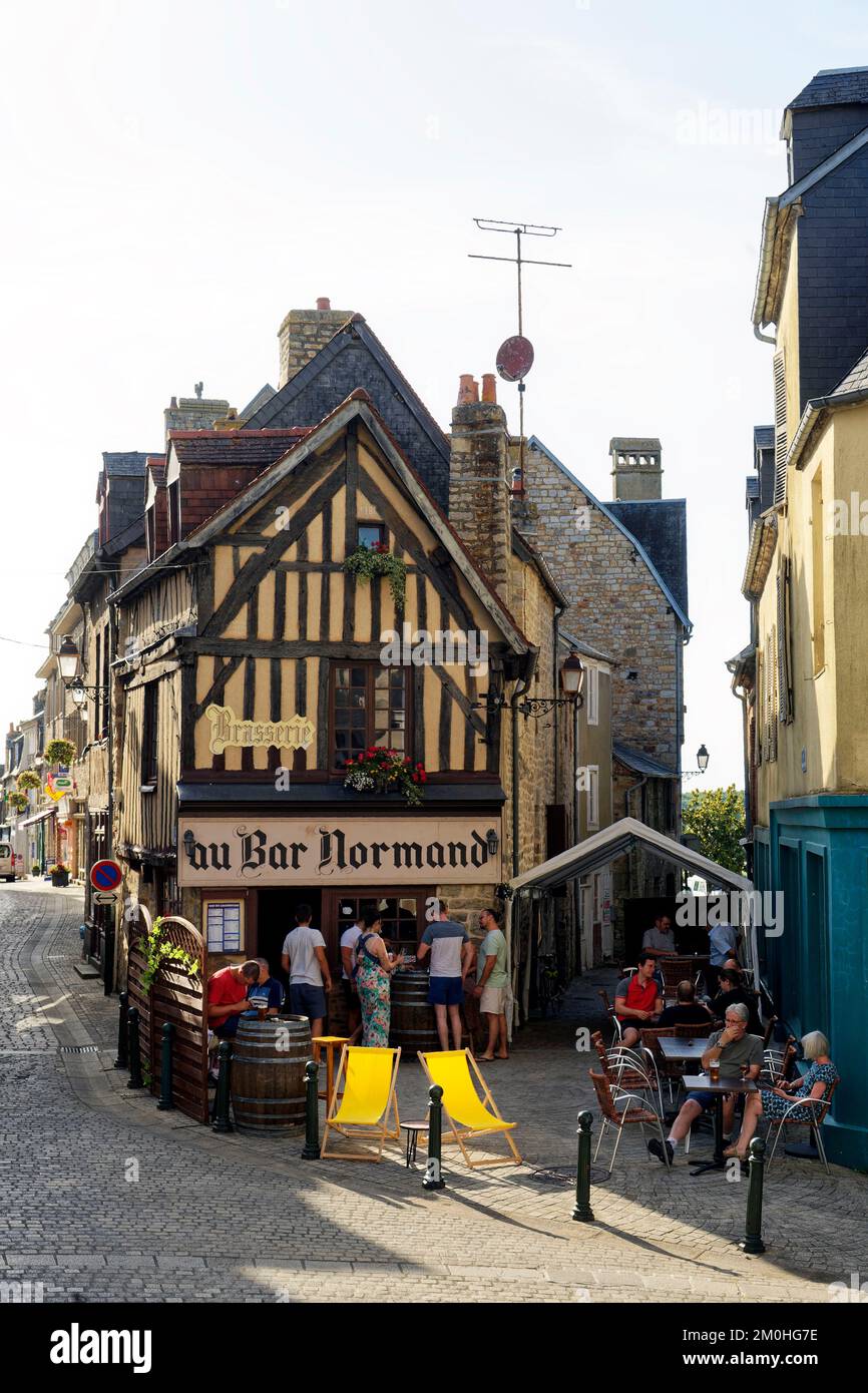 France, Orne, village of Domfront, rue Saint Julien street, Au Bar ...