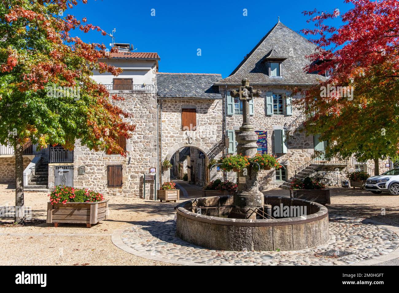 France, Cantal, Marcoles, labelled Petites Cites de Caractere, Fontaine ...