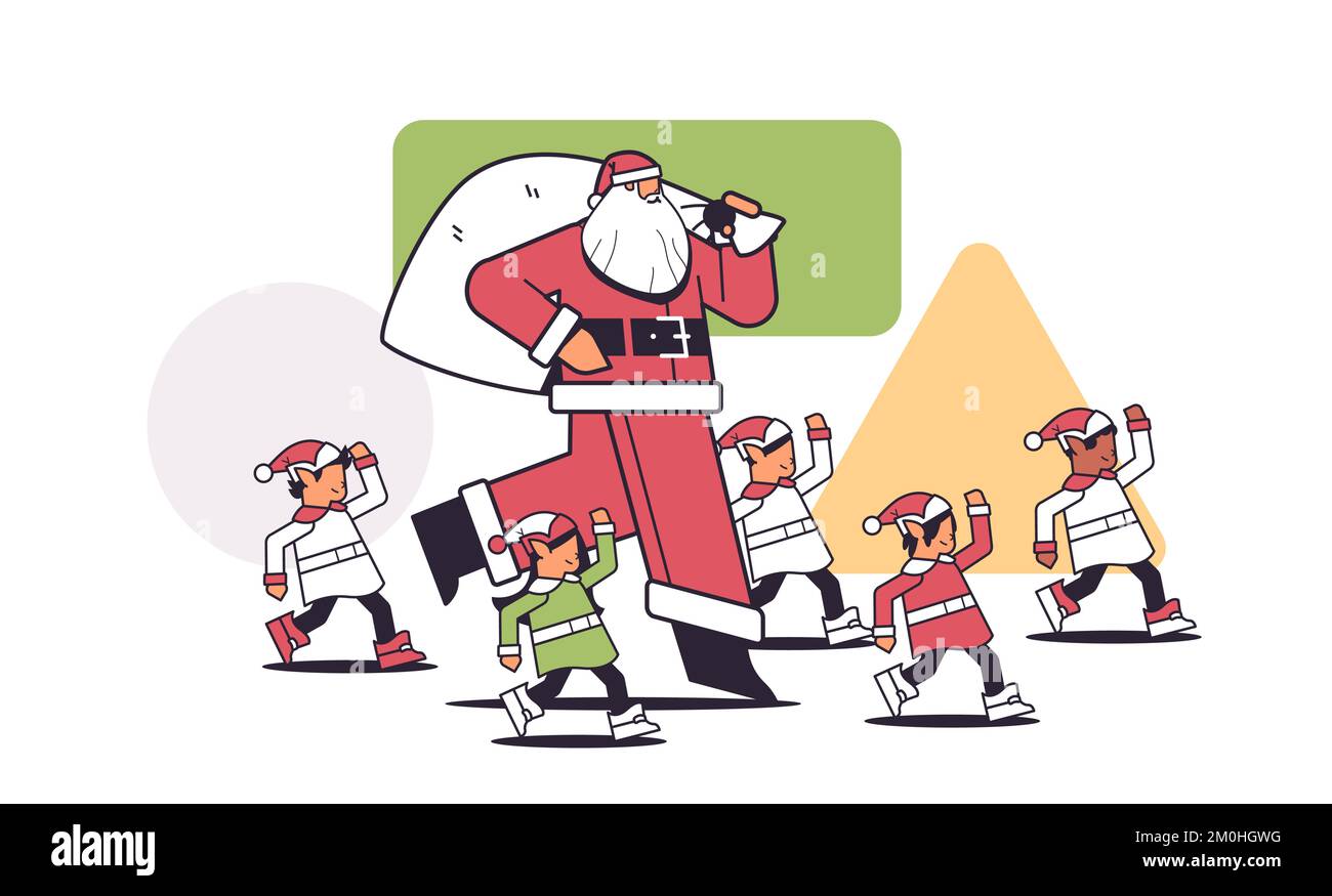 santa claus with mix race elves in costumes happy new year merry ...