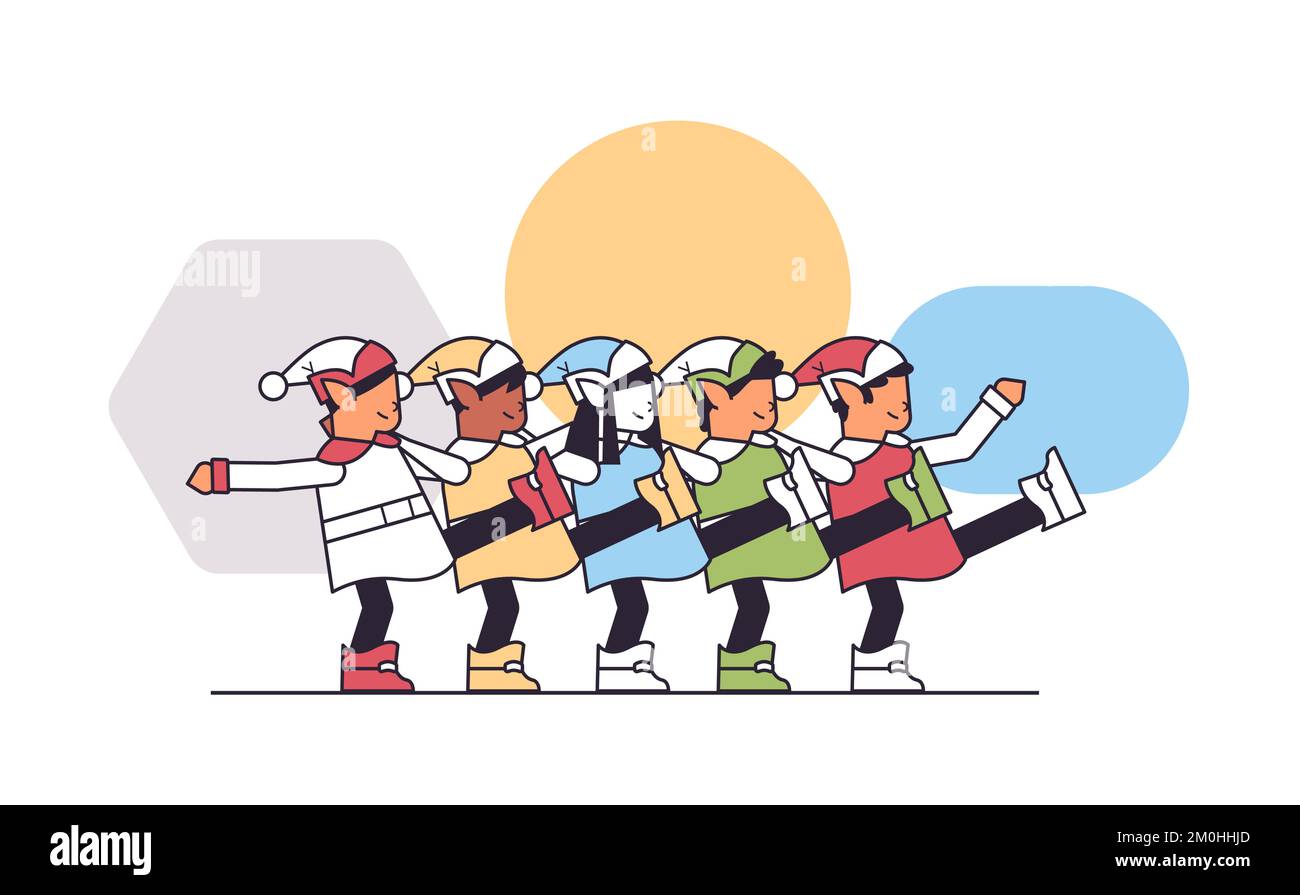mix race elves having fun santa helpers team celebrating happy new year ...