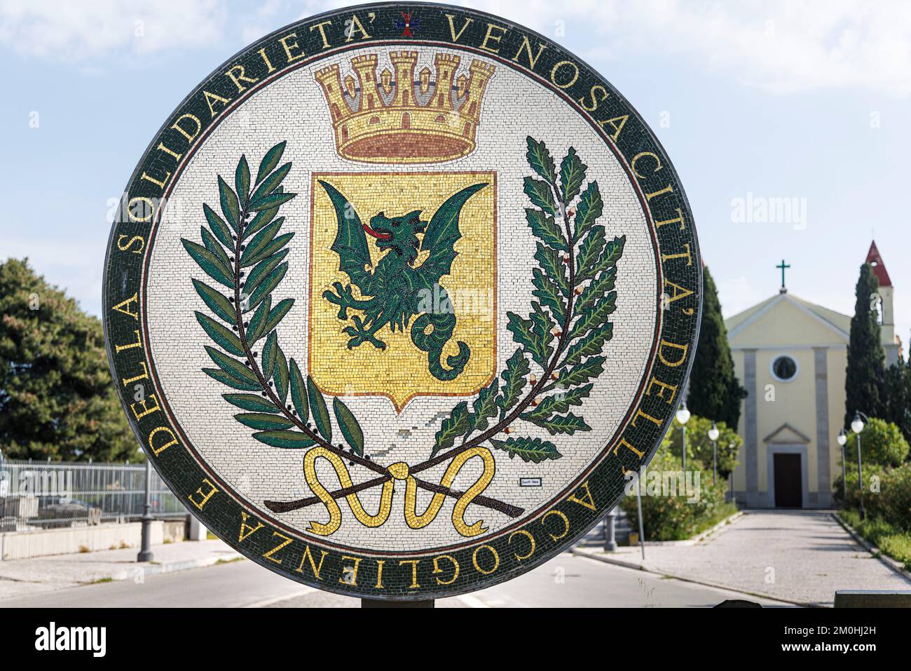 Italy, Basilicata, Venosa, mosaic sign at the city entrance Stock Photo ...